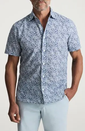 34 Heritage Palm Print Short Sleeve Cotton & Linen Button-up Shirt - Indigo