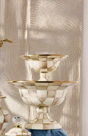 MACKENZIE-CHILDS Check Small Enameled Steel Compote Bowl - Mocha