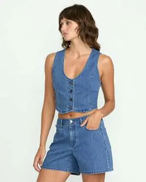 Volcom High Rise Denim Shorts - Blue Stripe