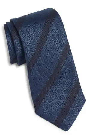 Canali Stripe Linen And Silk Tie - Blue