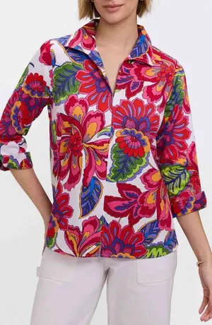 Foxcroft Agnes Paradise Blooms Three-Quarter Sleeve Cotton Popover Top Pink/multi