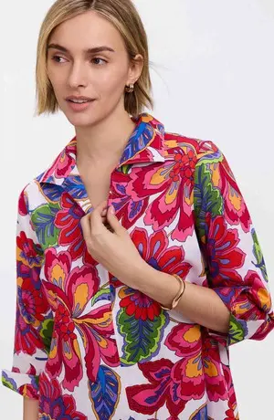 Foxcroft Agnes Paradise Blooms Three-quarter Sleeve Cotton Popover Top - Pink/multi