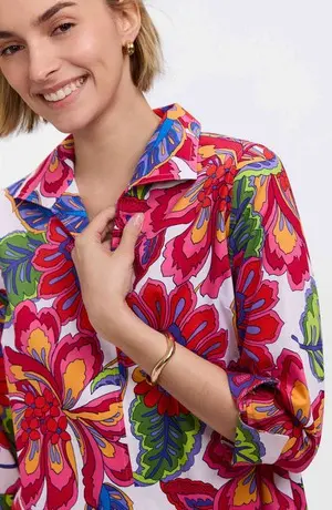 Foxcroft Agnes Paradise Blooms Three-quarter Sleeve Cotton Popover Top - Pink/multi