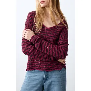 Mango Stripe Openwork V-neck Sweater