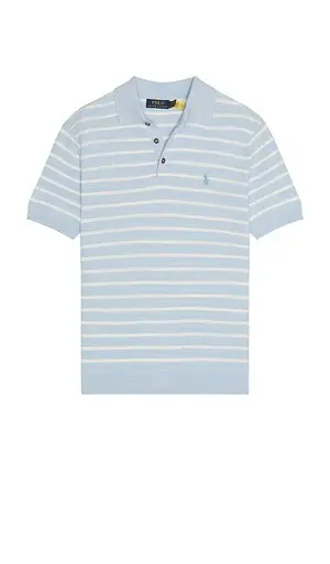 Polo Ralph Lauren Cotton Blend Textured 3 Button Placket Short Sleeve Sweater In Blue