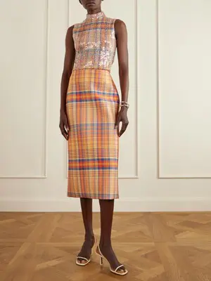 Brandon Maxwell Mercer Checked Wool And Silk-blend Mikado Midi Skirt
