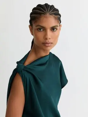 REISS Kenzie Satin Asymmetric Draped Midi Dress - Teal Green