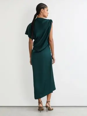 REISS Kenzie Satin Asymmetric Draped Midi Dress - Teal Green