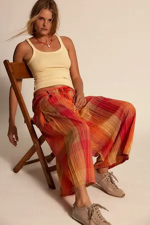 Free People Telluride Wide-leg Crop Pull-on Madras Pants - Sunset Combo