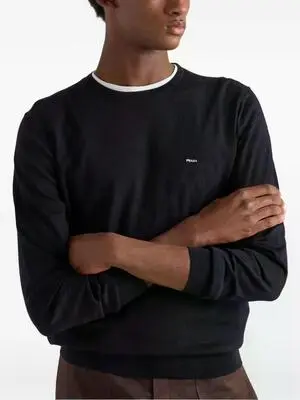Prada Superfine Wool Crew-neck Sweater With Embroidered Logo - Blue