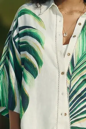 CELANDINE Linen Blend Buttondown Shirt - Botanical Pattern