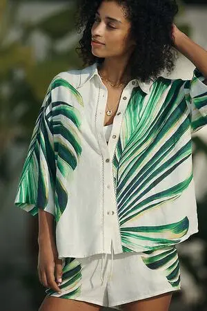 CELANDINE Linen Blend Buttondown Shirt - Botanical Pattern