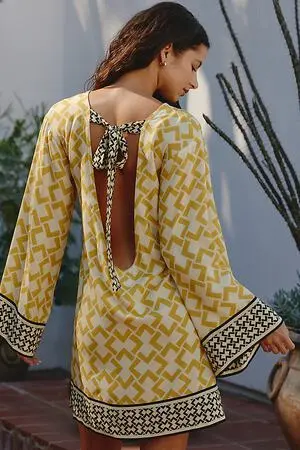 BEL KAZAN Printed Long-sleeve Tunic Top - Yellow Pattern