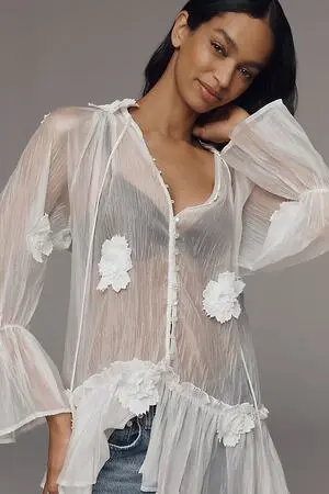 Anthropologie Sheer Floral Tunic Top - Cream