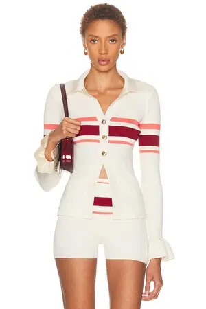 SELF-PORTRAIT Stripe Viscose Knit Button Top