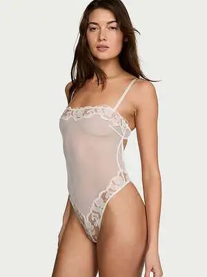 Victoria's Secret Dream Angels Sheer Embroidered Teddy With Bow Back - Print