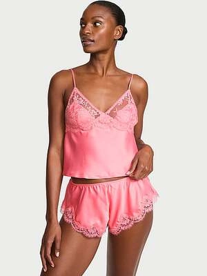 Victoria's Secret Satin Lace-trim Cami & Flutter Shorts Set - Pink