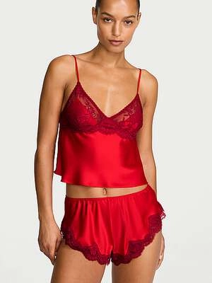 Victoria's Secret Satin Lace-trim Cami & Flutter Shorts Set - Red