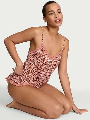 Victoria's Secret Dream Angels Leopard Chiffon Lace-trim Cami & Flutter Shorts Set - Print