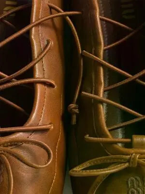 Miu Miu Nappa Leather Ballerinas With Tonal Embroidery And Elasticised Laces - Brown