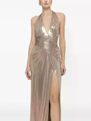 NISSA Gold-tone Twisted Detail Backless Maxi Dress