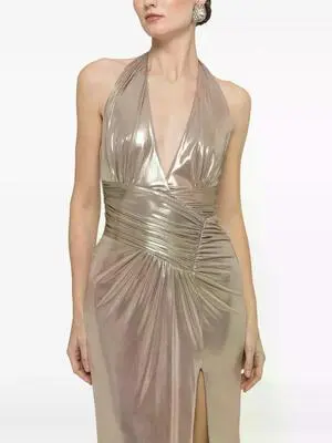 NISSA Gold-tone Twisted Detail Backless Maxi Dress
