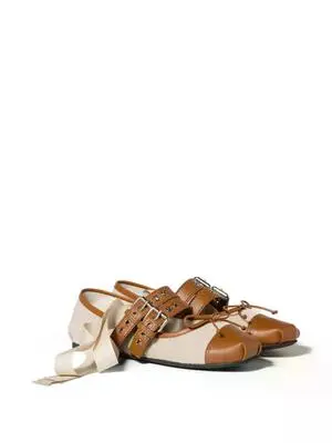 Miu Miu Canvas And Leather Ballerina Flats With Buckle And Ribbon Detailing - Neutrals