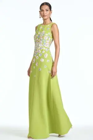 Sachin & Babi Razia Green Embroidered Crepe A-line Gown - Peridot