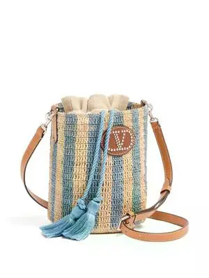 Valentino Garavani Small Bucket Bag In Striped Raffia - Neutrals