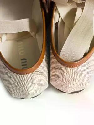 Miu Miu Canvas And Leather Ballerina Flats With Buckle Detailing - Neutrals