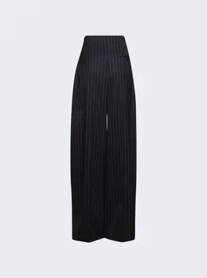 MUGLER Pinstripe Wide Leg Pleated Trousers - Navy
