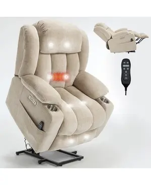 BOYEL LIVING Chenille Power Lift Chair Recliner With 8-point Vibration Massage And Lumbar Heating - Beige
