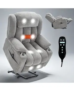 BOYEL LIVING Chenille Power Lift Chair Recliner With 8-point Vibration Massage And Lumbar Heating - Grey