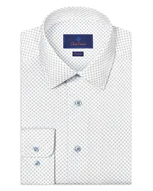 David Donahue Trim Fit Neat Print Dress Shirt - White/ Dune