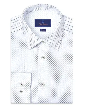 David Donahue Trim Fit Neat Print Dress Shirt White/ Navy