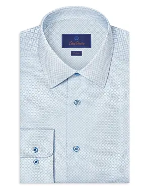 David Donahue Trim Fit Geometric Print Dress Shirt - White/ Sky