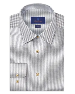 David Donahue Trim Fit Twill Micro Check Dress Shirt - White/ Dune
