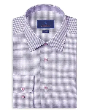 David Donahue Trim Fit Twill Micro Check Dress Shirt - White/ Pink