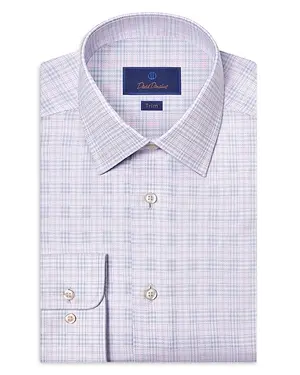 David Donahue Trim Fit Dobby Check Dress Shirt - Sky/ Pink