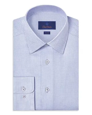 David Donahue Trim Fit Silk Blend Twill Check Dress Shirt - Sky/ Lilac