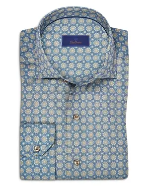 David Donahue Geometric Print Shirt - Blue/ Dune