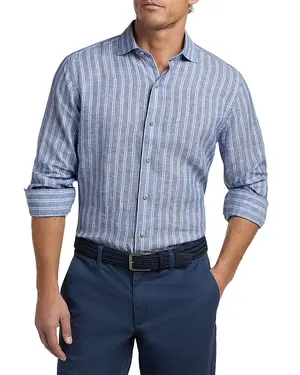 David Donahue Linen Stripe Shirt - Navy/ Sky