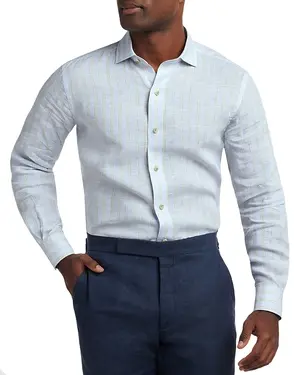 David Donahue Linen Stripe Shirt - Sky/ Dune