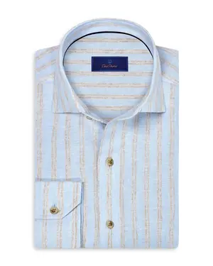 David Donahue Linen Stripe Shirt - Sky/ Dune