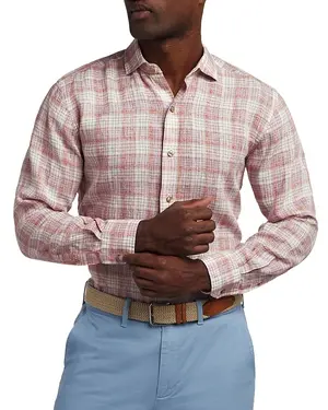 David Donahue Linen Check Shirt - Red/ Multi