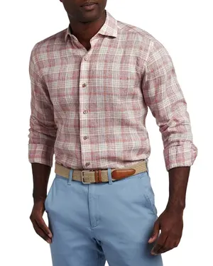 David Donahue Linen Check Shirt - Red/ Multi