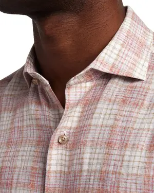 David Donahue Linen Check Shirt - Red/ Multi