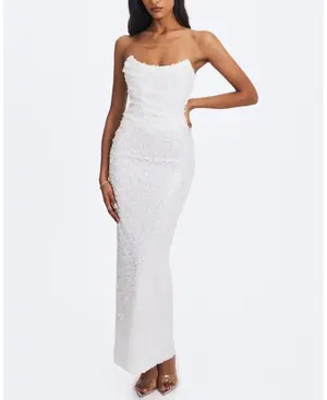 MISS CIRCLE NEW YORK Myra Beaded Mesh Strapless Maxi Dress