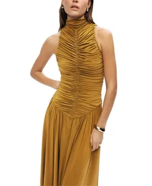 NOCTURNE Ruched High-neck Maxi Dress - Camel