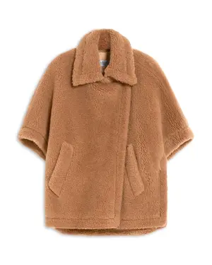 Max Mara Wool And Silk Teddy Poncho Jacket - Camel